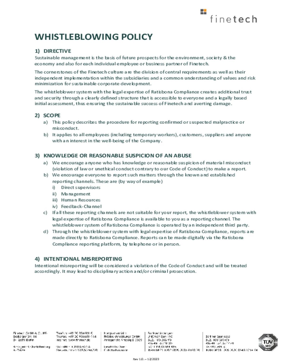 Whistleblower Policy Finetech | Finetech